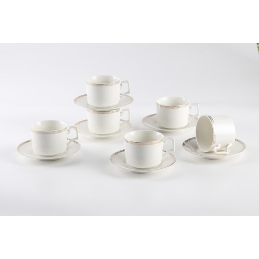 Shallow New Bone China Lara Tea Cup & Saucer Set, 220ml (White, 6 Cups