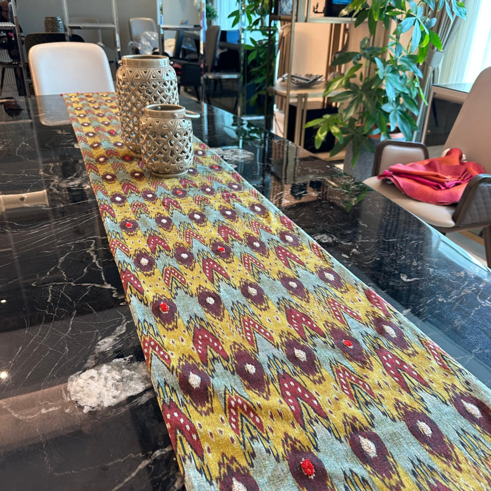 Tohfa Luxe Ikat Woven Embroidered Table Runner with Tassels – 250 x 40