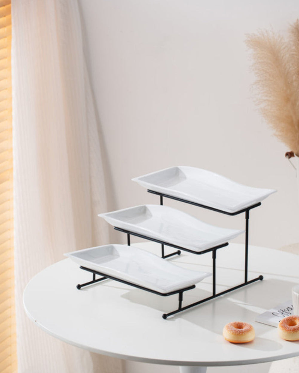 Shallow Elegant Porcelain 3 Tier Rectangle White 33cm Plate with Black