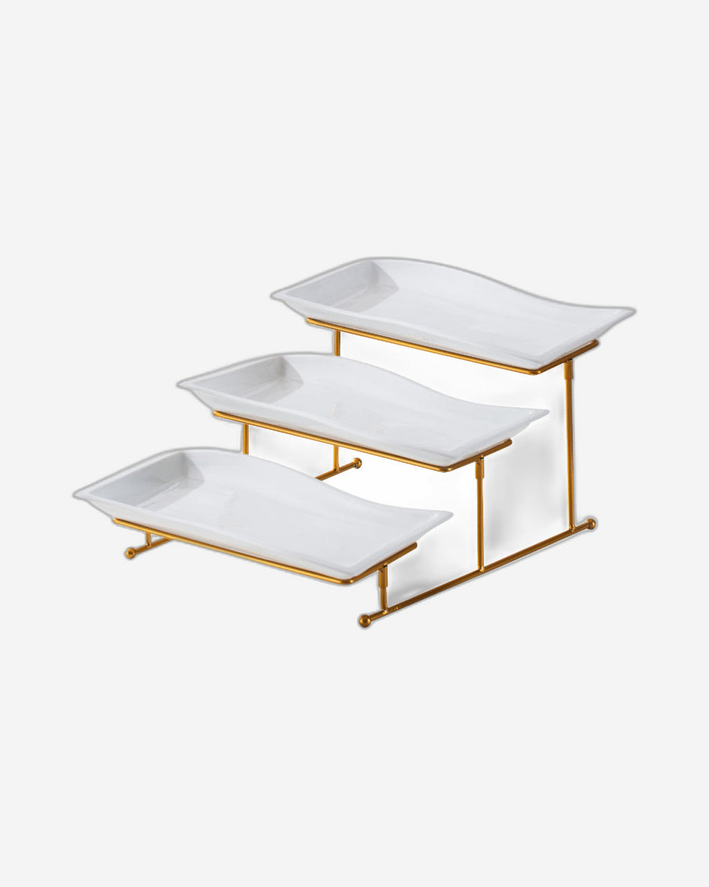 Shallow Elegant Porcelain 3 Tier Rectangle White 33cm Plate with Gold