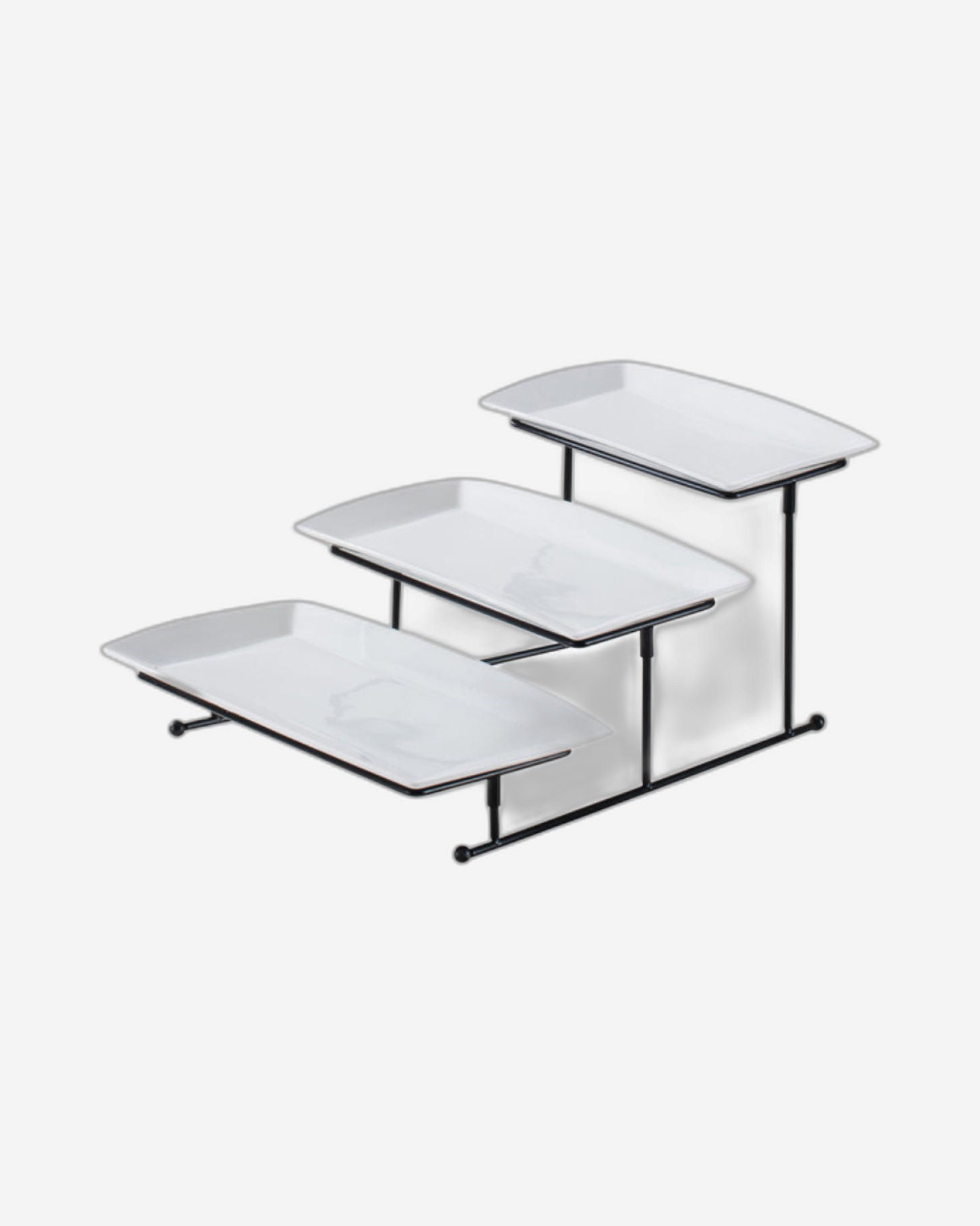 Shallow Elegant Porcelain 3 Tier Rectangle White Plate with Black Stan