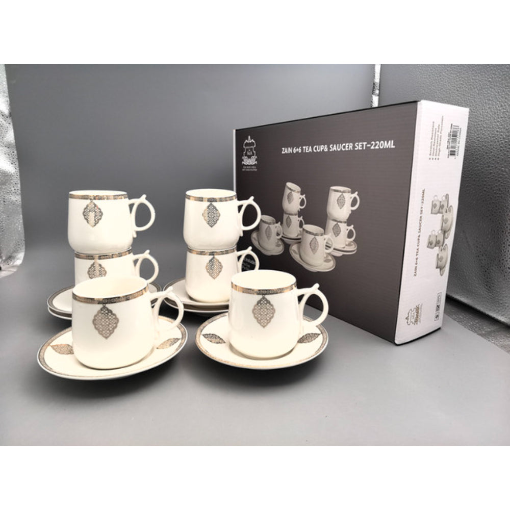 Shallow Porcelain Zain Tea Cup & Saucer Set, 220ml (6 Cups, 6 Saucer,