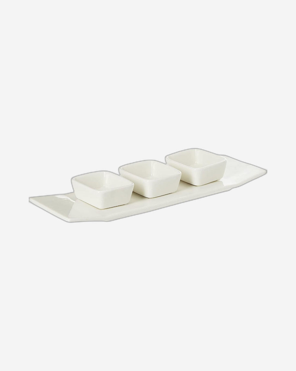 Shallow Porcelain 3-Dish Condiment Set with Long Plate, White – Elegan