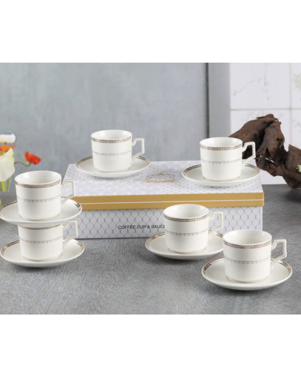 Shallow New Bone China Rosa Coffee Cup & Saucer Set, 90ml (White, 6 Cu
