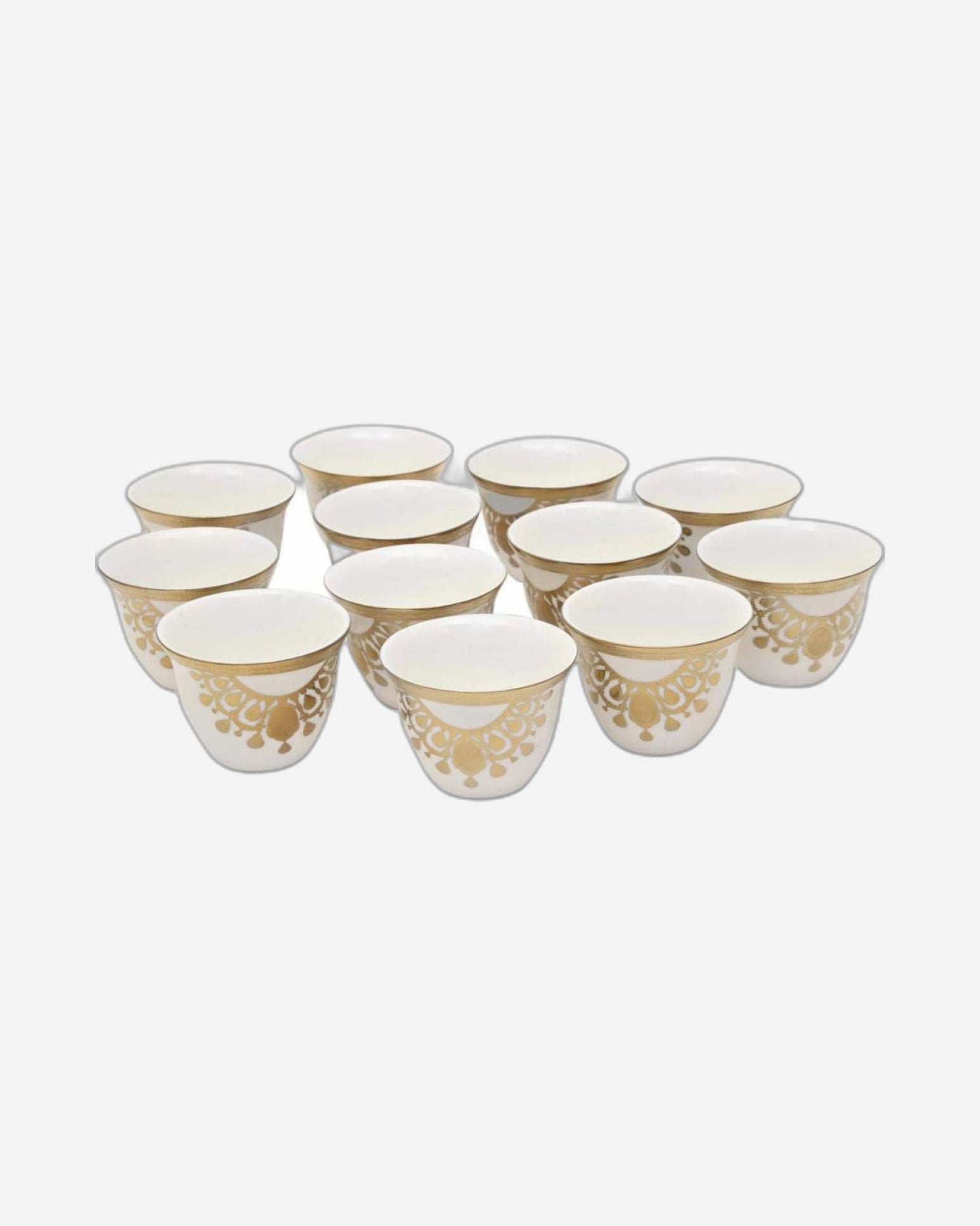 Shallow Bone China 12-Piece Cawa Cup Set, White and Gold - Elegant Ara