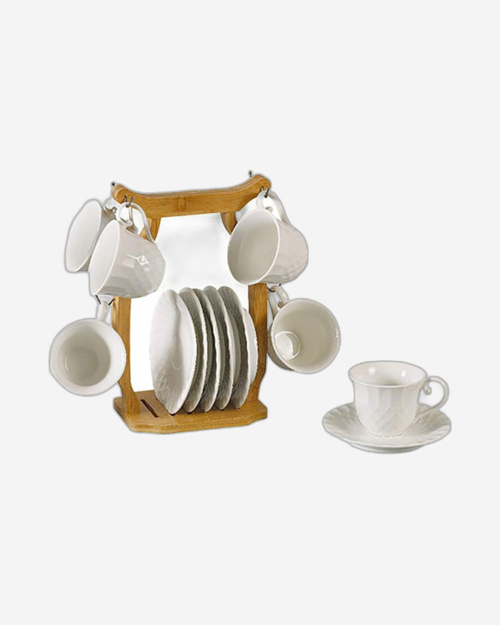Shallow 12-Piece 90ml Porcelain Cups & Saucers Set with Bamboo Stand