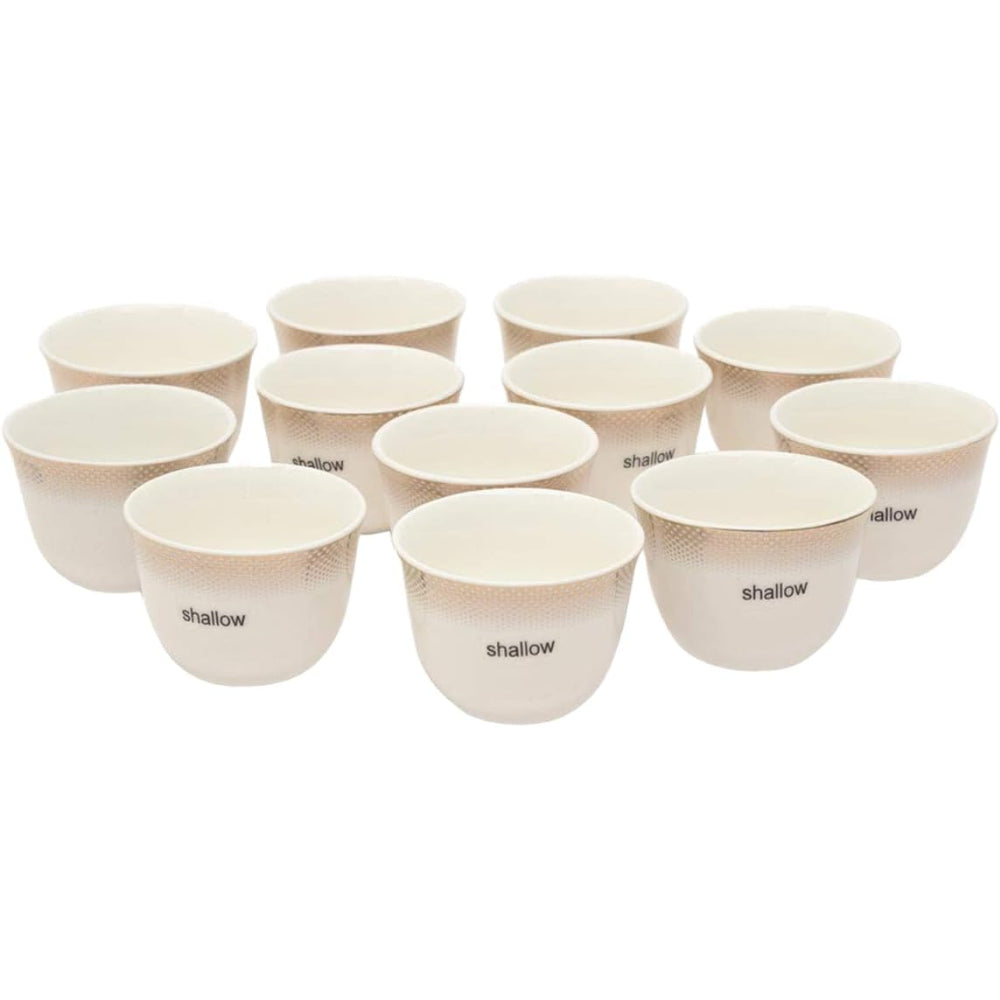 Shallow Bone China 12-Piece Cawa Set, White and Gold, Elegant Porcelai